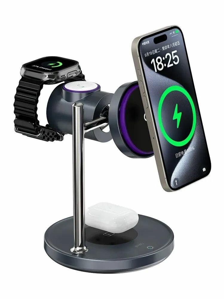 Беспроводная зарядная станция 3 в 1 Wiwu Space Station Qi2.2 для IPhone, AirPods, Apple Watch с воздушным охлаждением (Wi-W041)
