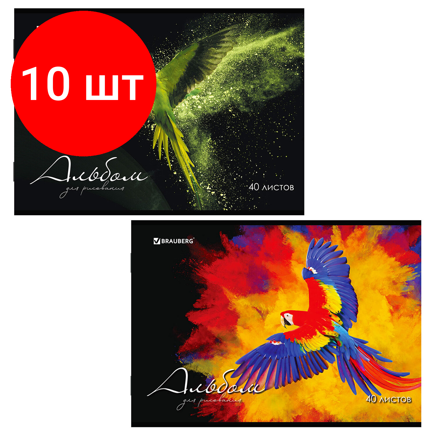 Комплект 10 шт, Альбом для рисования А4, 40 л, скоба, обложка картон, BRAUBERG, 205х290 мм, "Полёт" (2 вида), 106707
