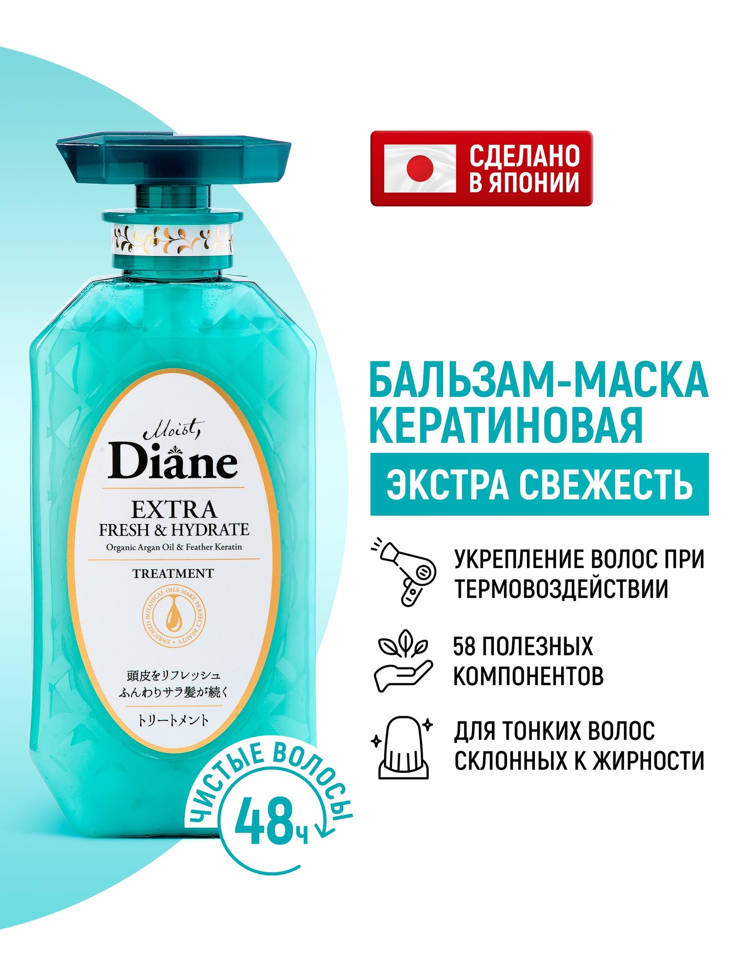 Moist Diane Бальзам-маска кератиновая Perfect Beauty "Свежесть" / Кондиционер для жирных волос бессульфатный / С кератином и аргановым маслом (Япония) - 450 мл