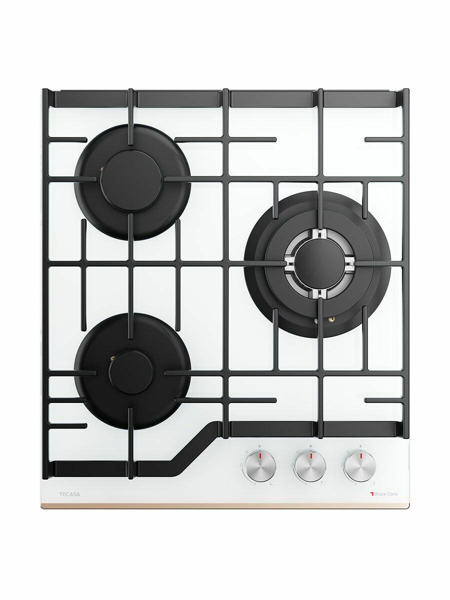 Газовая варочная панель 3 конфорки Tecasa 3 конфорки, WOK-конфорка, белое стекло, чугунная решётка
