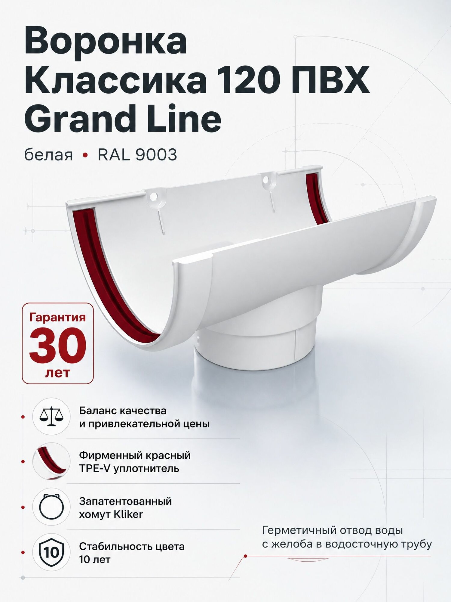 Воронка Классика 120 ПВХ Grand Line белая (RAL 9003) элемент водоотвода