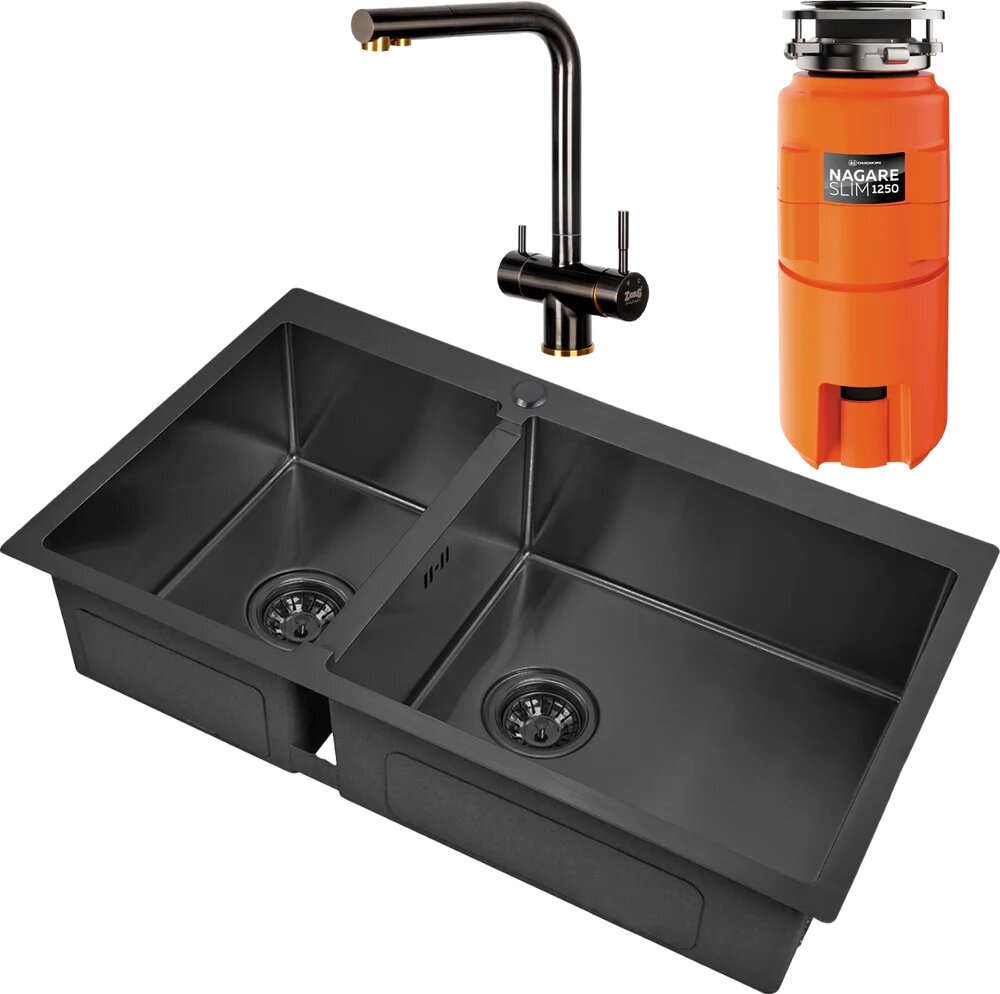 Комплект Мойка Zorg Inox PVD 78-2-51 R 78x51, grafit, нержавеющая сталь / Смеситель Inox SZR-7039 BR/GRAFIT графит, бронза, бронза графит / Измельчитель Omoikiri Nagare slim 1250 электрический, нержав