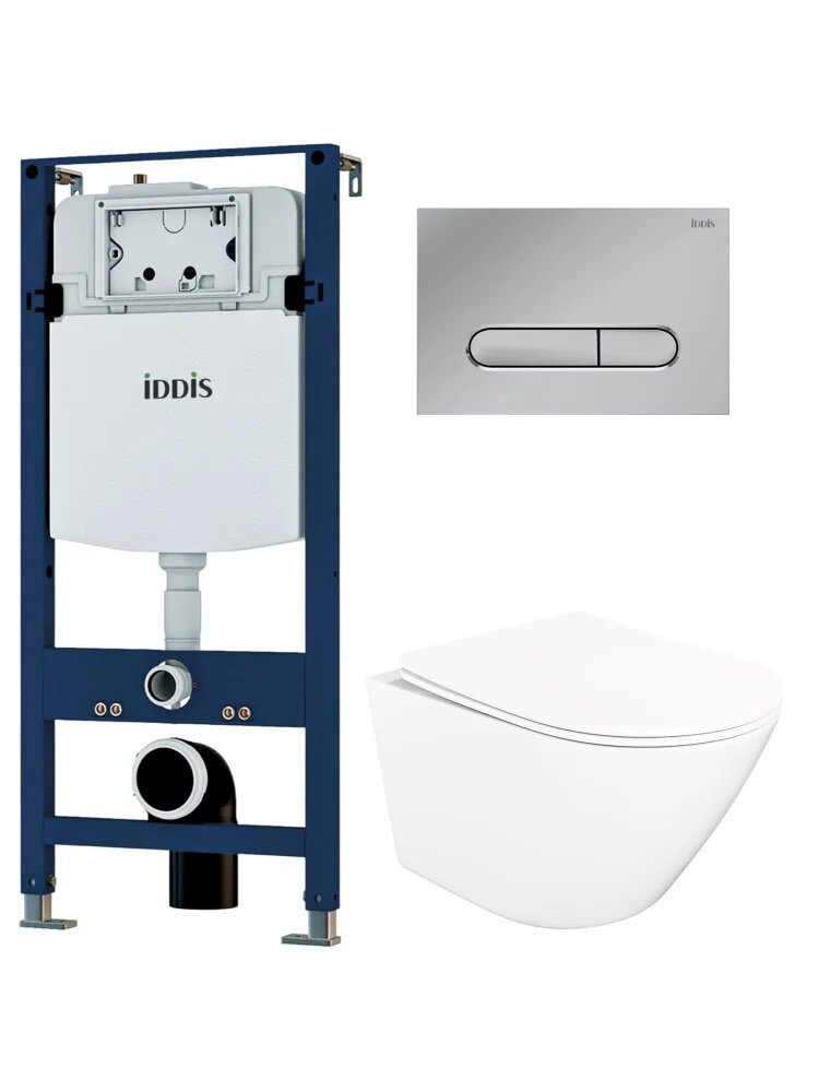 Комплект 4 в 1: Инсталляция IDDIS Профикс (Profix) PRO0000i32 / Унитаз подвесной STWORKI Левангер S07401WH безободковый, с микролифтом / Кнопка Юнификс (Unifix) UNI31CHi77, Комплект креплений