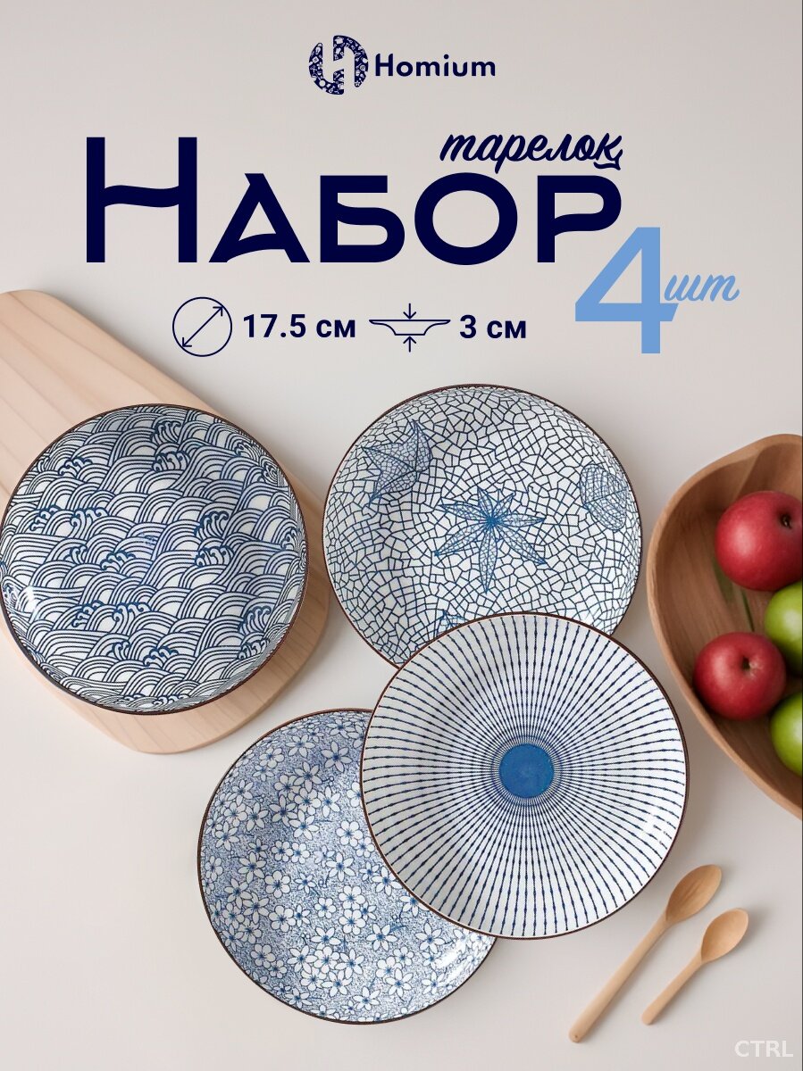 Набор обеденных тарелок Homium, Japanese Collection, 4шт, цвет голубой, D18см