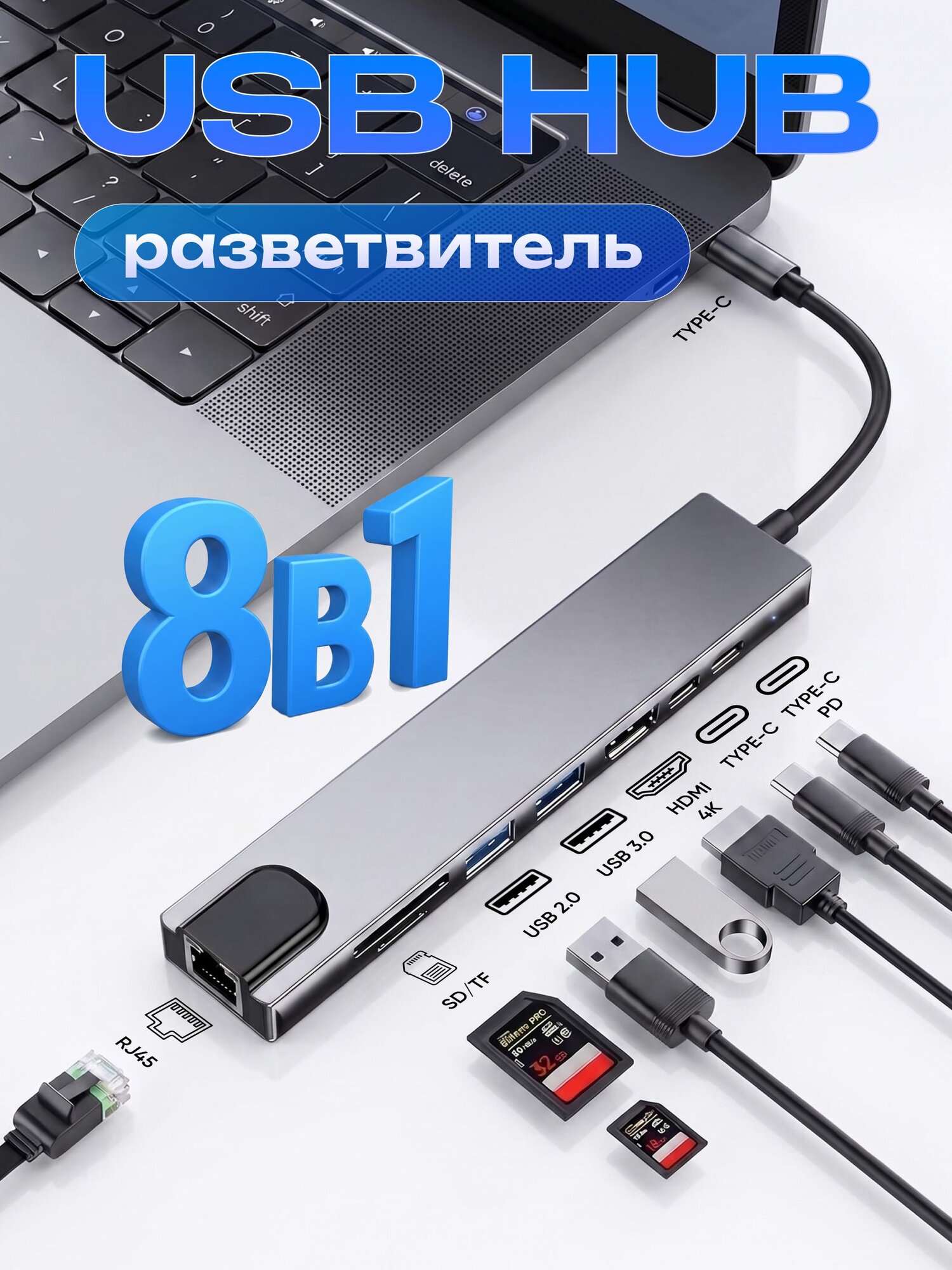 USB-C HUB разветвитель 8в1: USB 3.0, HDMI 4k, RJ45 Ethernet, Type-C PD концентратор
