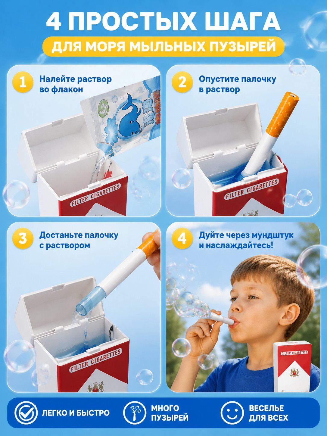 Набор для выдувания пузырей в виде пачки Marlboro: пачка-контейнер, 2 трубки с золотым фильтром и 2 пакетиков жидкости