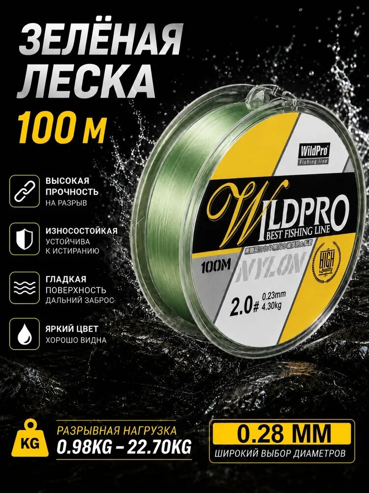 Рыболовная леска 100 м, изумрудно-зелёная, 3.0#, 0.28 мм, 6.35 кг/14LB, нейлоновая леска для рыбалки
