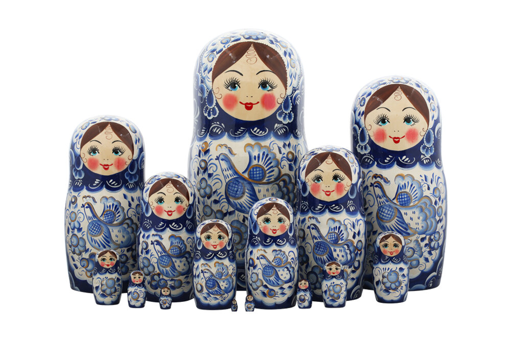 Матрешка Гжель Птица счастья, 15 мест (27320)