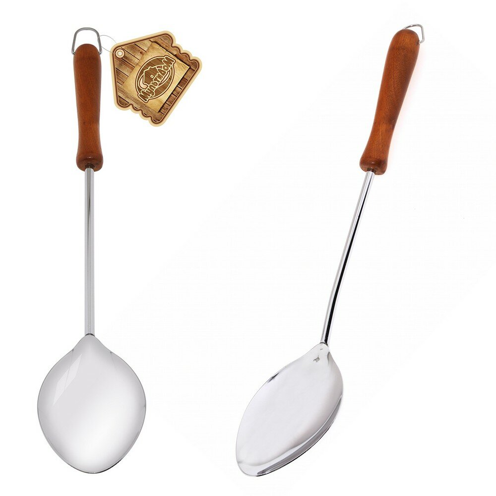 Ложка деревянная ручка, хромированная сталь, 35 см Мультидом