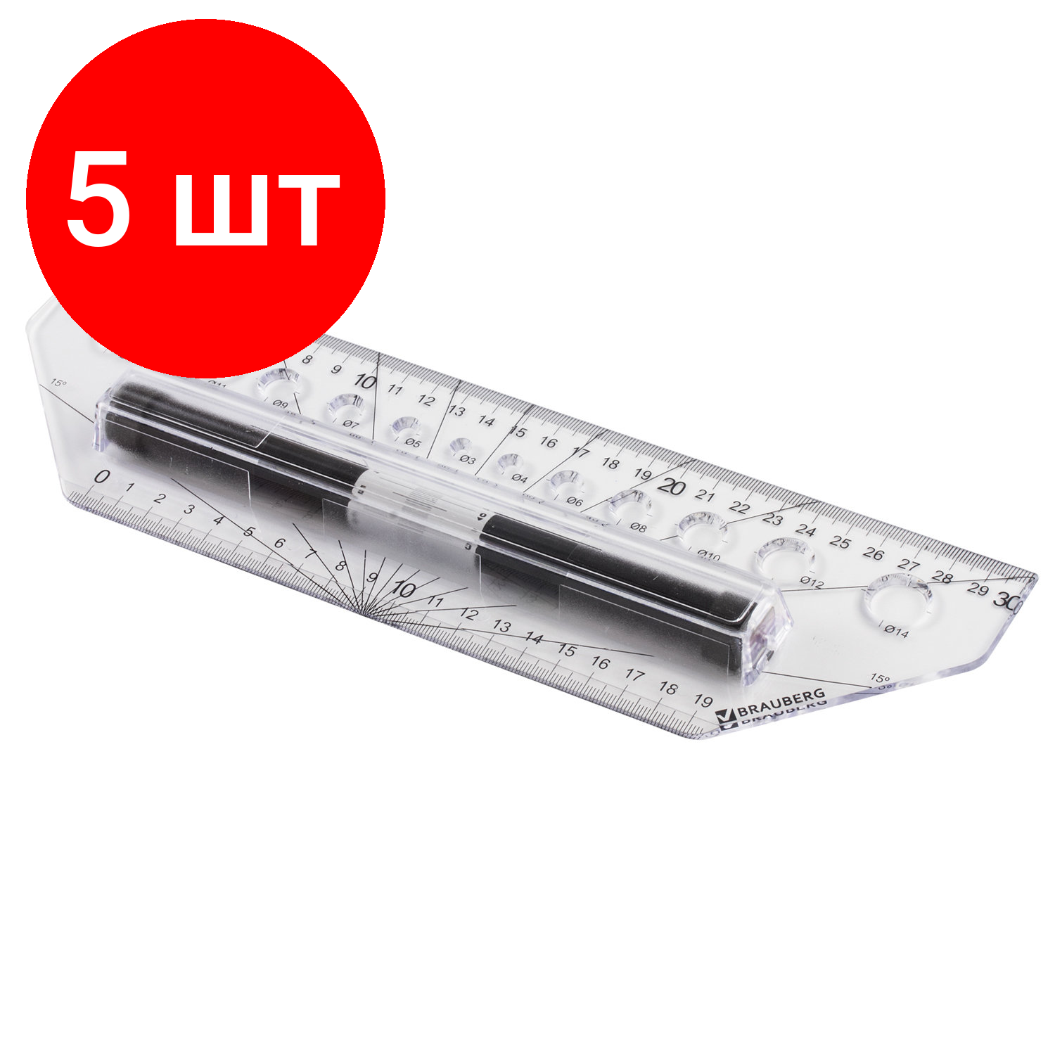 Комплект 5 шт, Линейка с роликом (рейсшина) 30 см, BRAUBERG, металлический ролик, коробка с подвесом, 210647