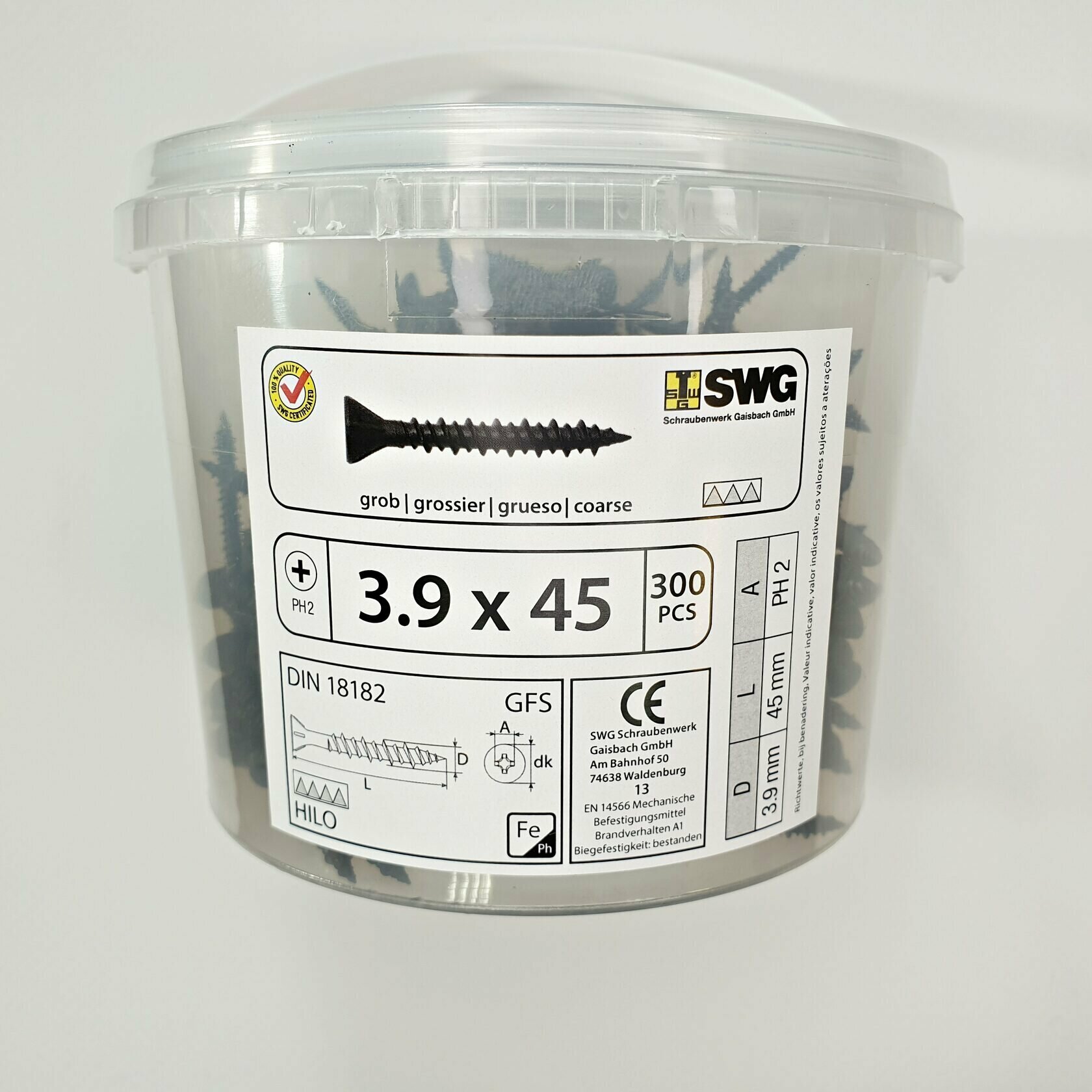 Саморез для гипсоволокнистых плит и неполной резьбой шлиц крестообразный (РН-2) DIN 18182 для ГВЛ (резьба Hilo) 3.9x45 300 pcs SWG, Германия