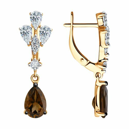 Серьги с подвесками, серебро, 925 проба, золочение, раухтопаз, фианит