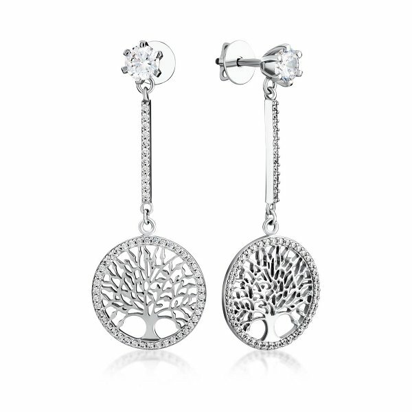 Серьги с подвесками, серебро, 925 проба, родирование, фианит