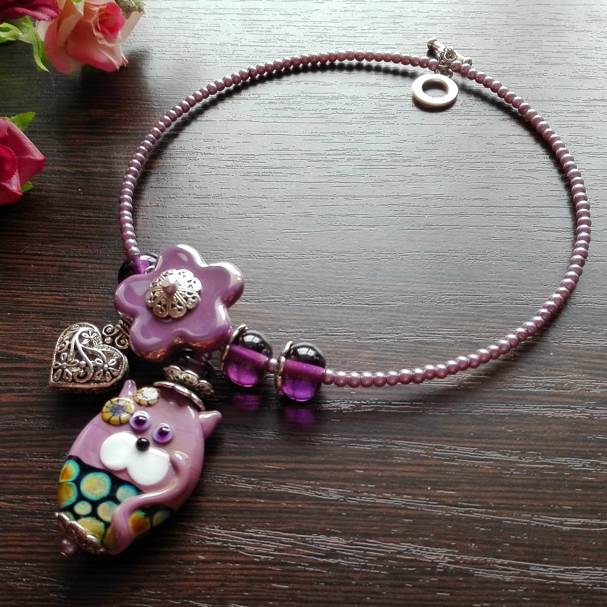 Колье, жемчуг имитация, керамика, муранское стекло, металл, стекло