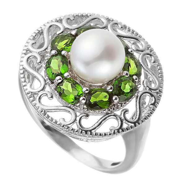 Кольцо, серебро, 925 проба, жемчуг, хромдиопсид