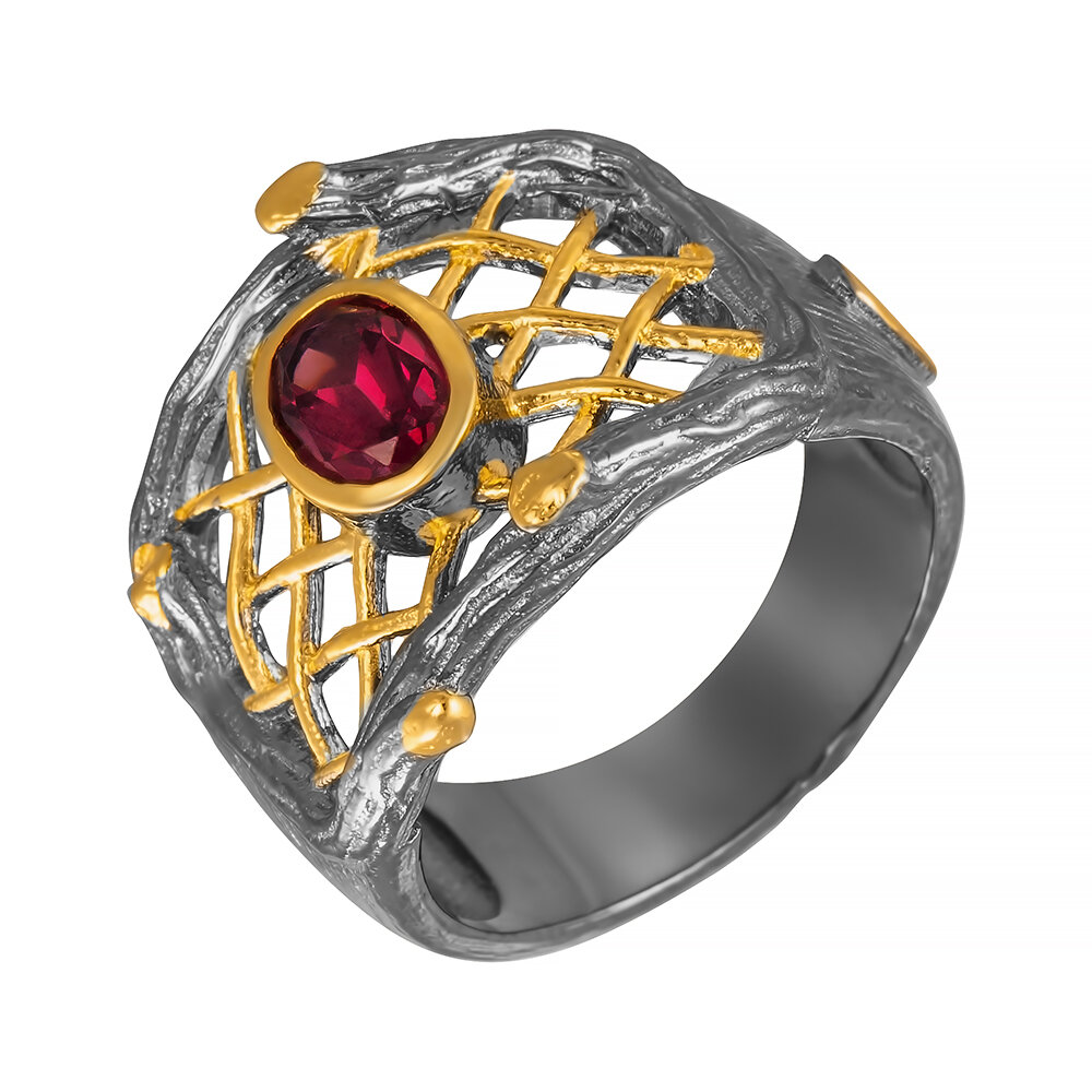 Кольцо широкое, серебро, 925 проба, золочение, родирование, родолит