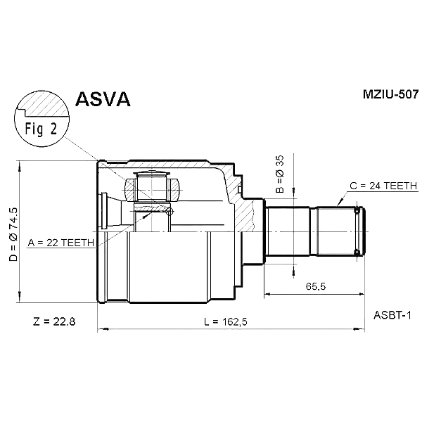 ASVA MZIU-507 (F01325600A / F01325600C / F01325600D) шрус внутренний 22x35x24 (Mazda (Мазда) : 323 1.6 88-95)