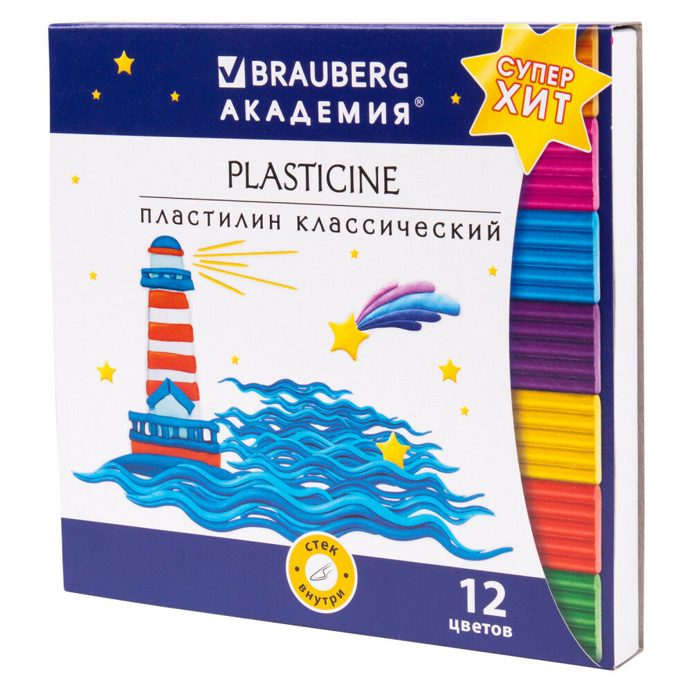 Пластилин классический BRAUBERG "академия ХИТ", 12 цветов, 240 г, стек, высшее качество, 106423, 1 шт