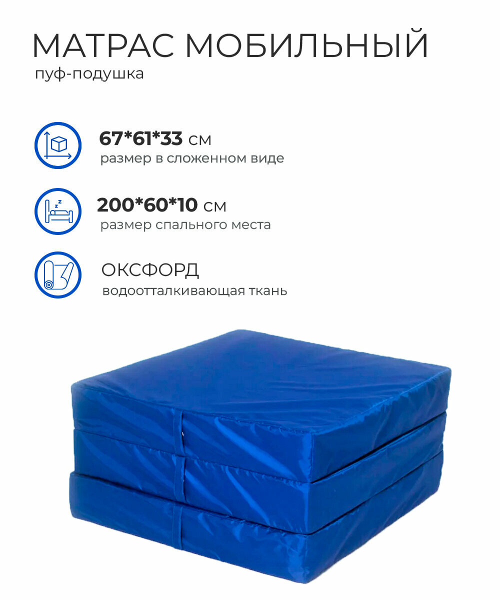 Пуф-матрас трансформер раскладной складной мобильный 200*60см оксфорд 3 секции со съемным чехлом поролон, Синий