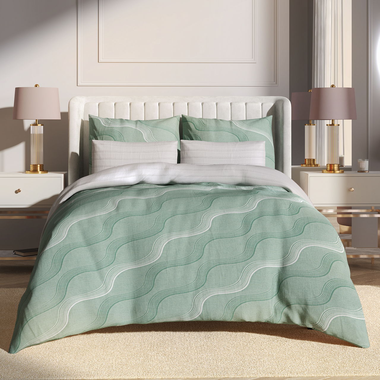 Постельное белье евро с пододеяльником на молнии Гармоника "Мятный вечер", сатин, зеленый, серый, Ecotex