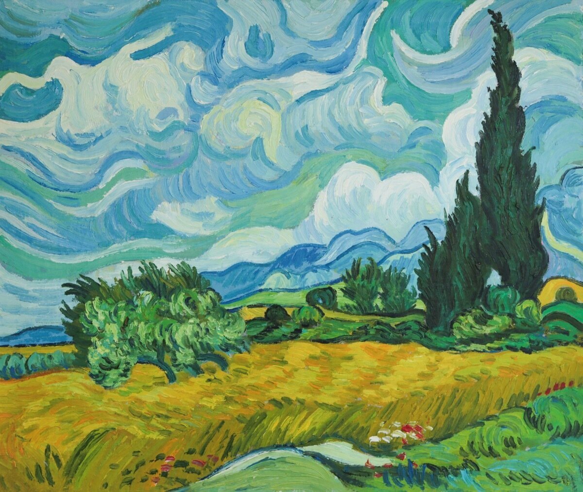 Картина маслом "Пшеничное поле с кипарисом" 50х60см