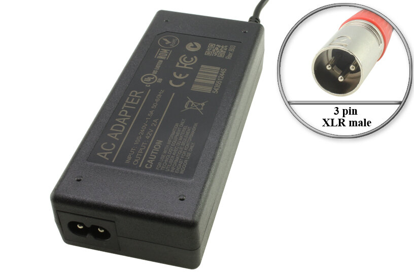 Адаптер (блок) питания 42V, 2A, 85W, XLR 3pin, зарядное устройство для гироскутера, электро- самоката и др, для Li АКБ типа 10S (36V)