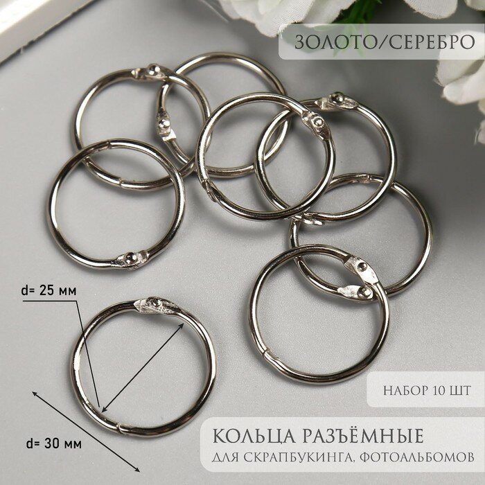 Кольца для фотоальбомов «Золото. Серебро», внутренний d=2.5 см, внешний d=3 см, набор 10 шт.