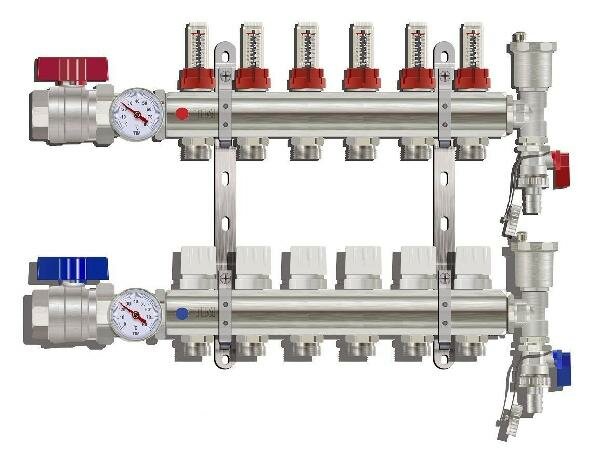 Kоллекторная группа 1* с расходомерами на 6 выходов латунь TIM КА006 c кранами и воздухотводичками