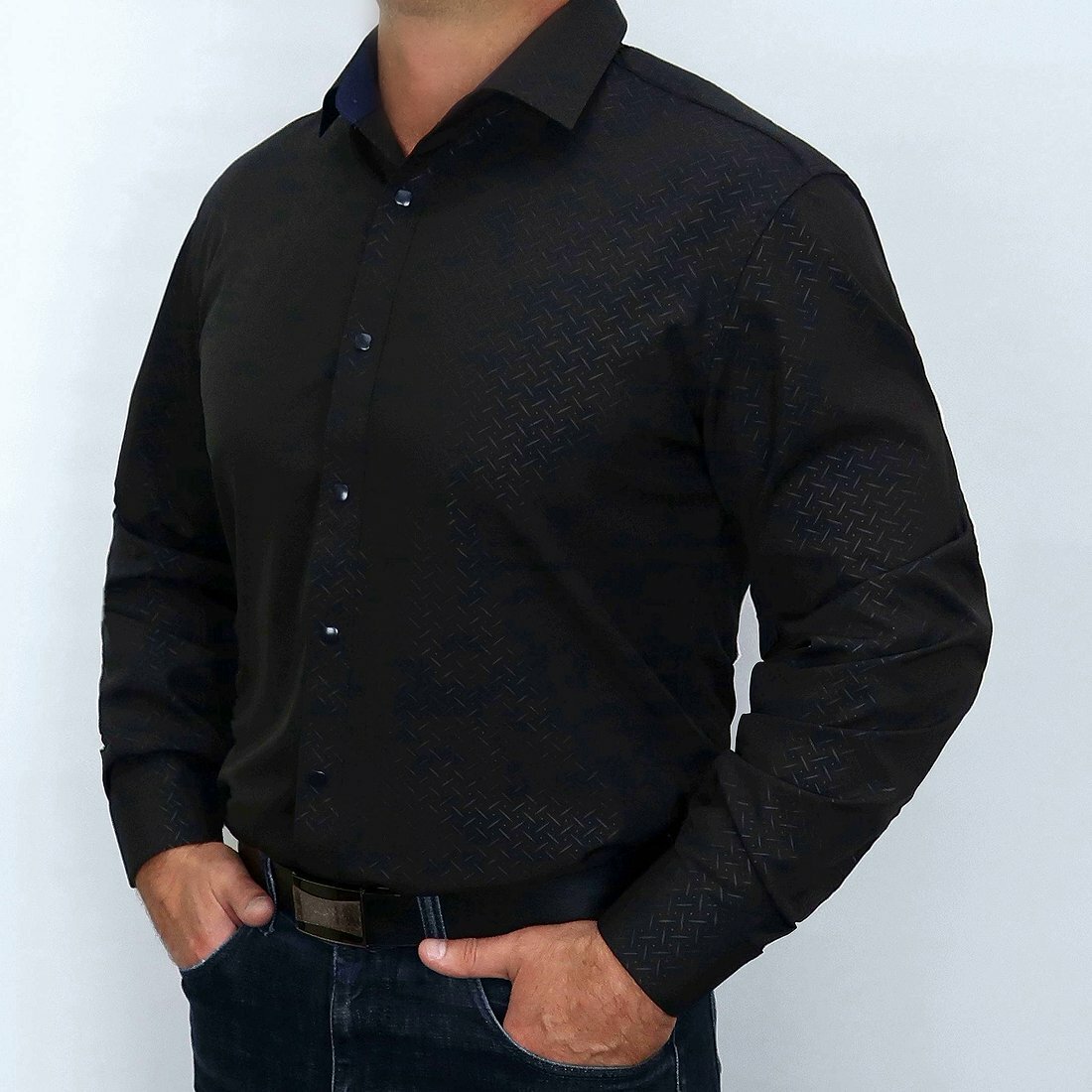 Рубашка Мужская рубашка с длинным рукавом приталенная, темная сорочка на кнопках, рубаха на любой сезон, черная в мелкий рисунок, без карманов, на любой сезон и на лето рубашка Slim fit с приталенным кроем за