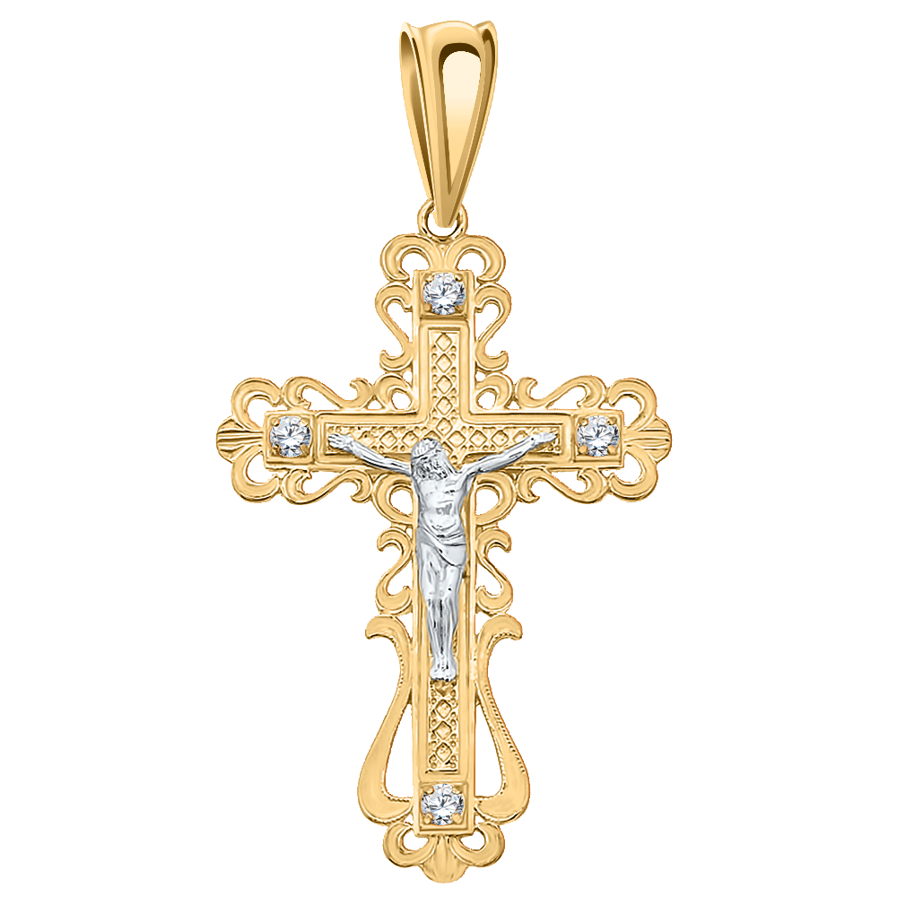 Крестик, комбинированное золото, 585 проба, фианит