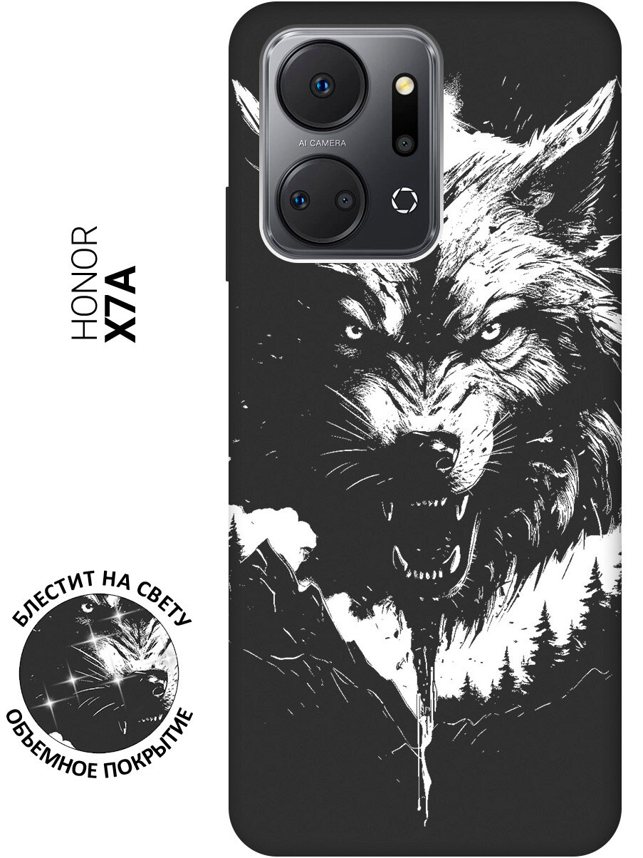 Силиконовый чехол на Honor X7a / Хонор Х7а с рисунком "Волк и горы" Soft Touch черный