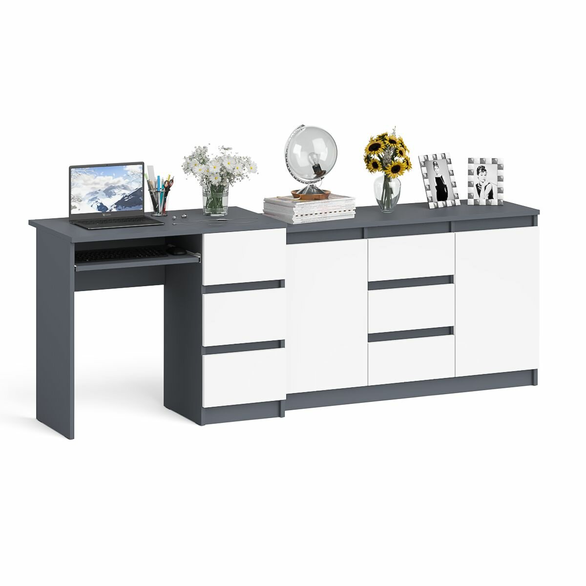 Тумба-комод СВК МК1200 3 ящика и дверки и компьютерный стол три ящика справа цвет графит/белый, 210,4х50х76,6 см.