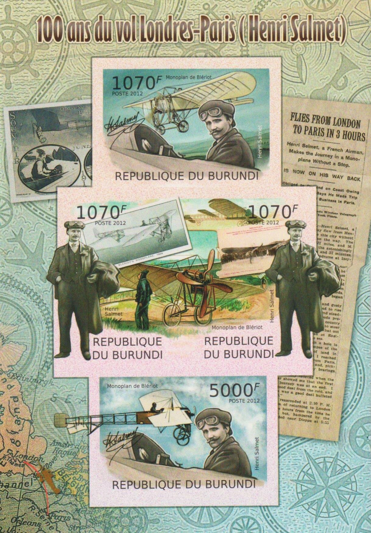 Почтовые марки Бурунди 2012г. "Анри Сальме - 100 лет первому рейсу Лондон-Париж - без перфорации" Самолеты, Авиация, Летчики MNH