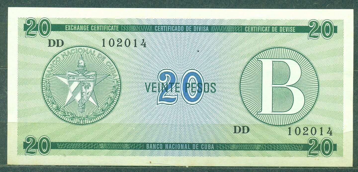 Купюра (бона) Куба 1958г. "VEINTE PESO - сертификат B" UNC
