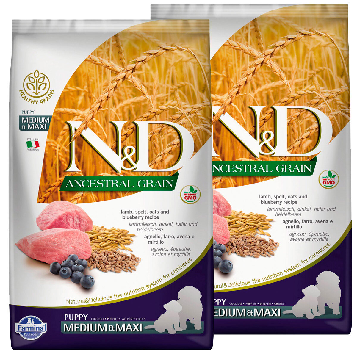 FARMINA DOG N&D ANCESTRAL GRAIN PUPPY MEDIUM & MAXI LAMB & BLUEBERRY низкозерновой для щенков средних и крупных пород, ягненок, черника (12 + 12 кг)