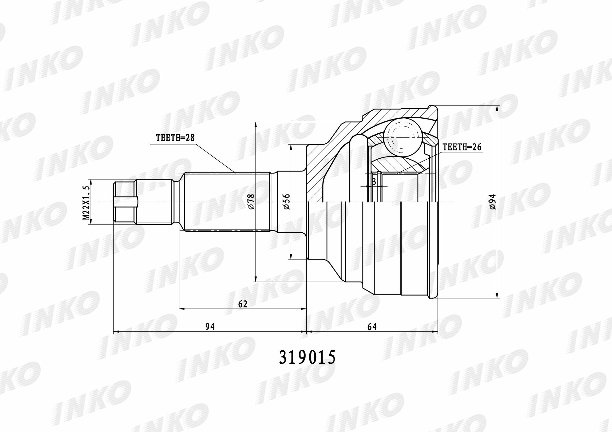 ШРУС внешний 28 26 перед INKO 319015