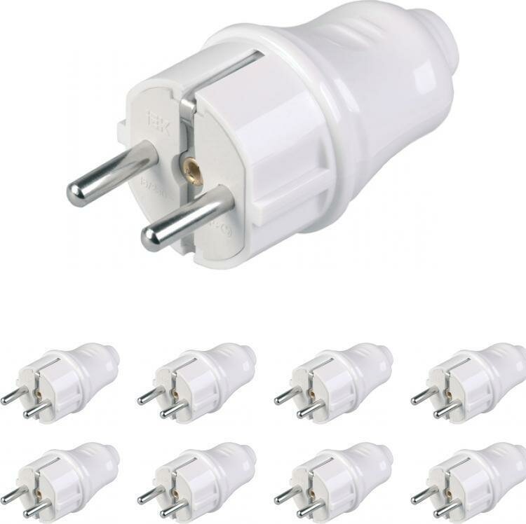 Вилка IEK с заземлением с прямым вводом IP20 белая (комплект из 8 шт)