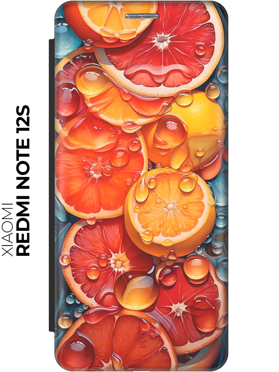 Чехол-книжка на Xiaomi Redmi Note 12s / Сяоми Редми Ноут 12с с рисунком "Сочные апельсины в каплях" черный