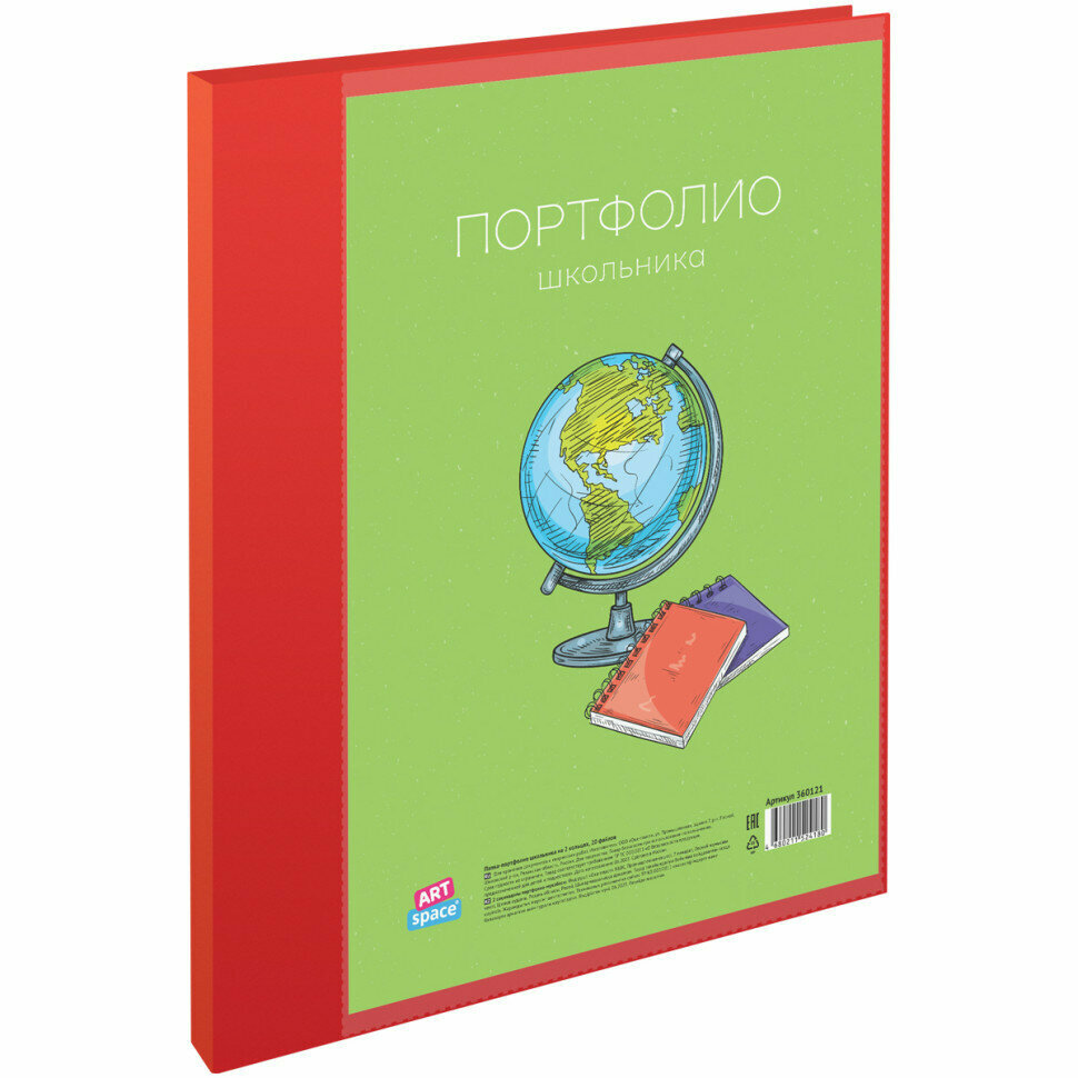Папка-портфолио пластиковая А4 ArtSpace, на 2 кольцах для школьника, 20 файлов, 360121