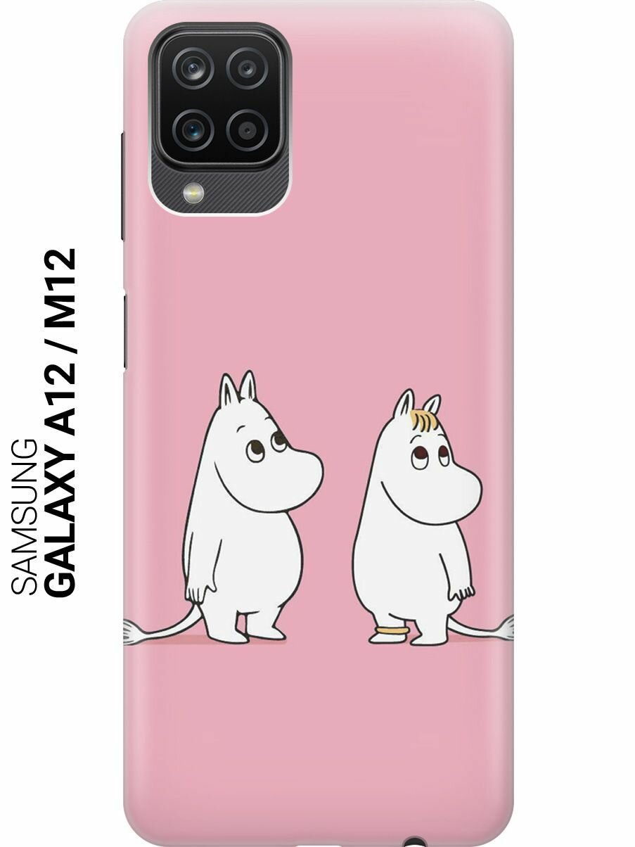 Силиконовый чехол на Samsung Galaxy A12, M12, Самсунг А12, М12 с принтом "Муми-тролли на розовом"