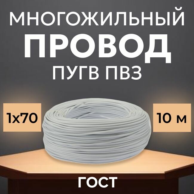 Провод электрический многожильный ПУГВ ПВ3, 750В, 1х70 белый 10м