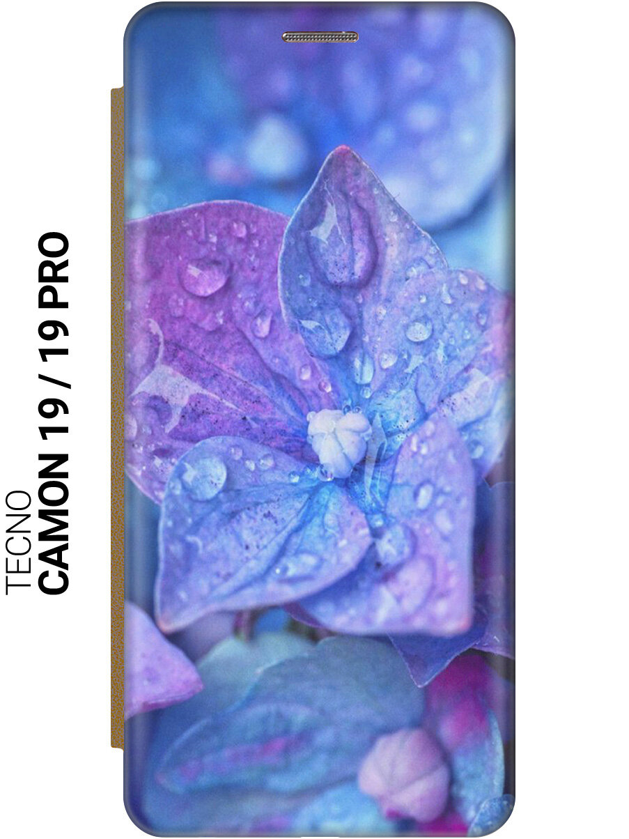 Чехол-книжка на Tecno Camon 19 / 19 Pro / Техно Камон 19 / 19 Про с рисунком "Голубой цветочек" золотой