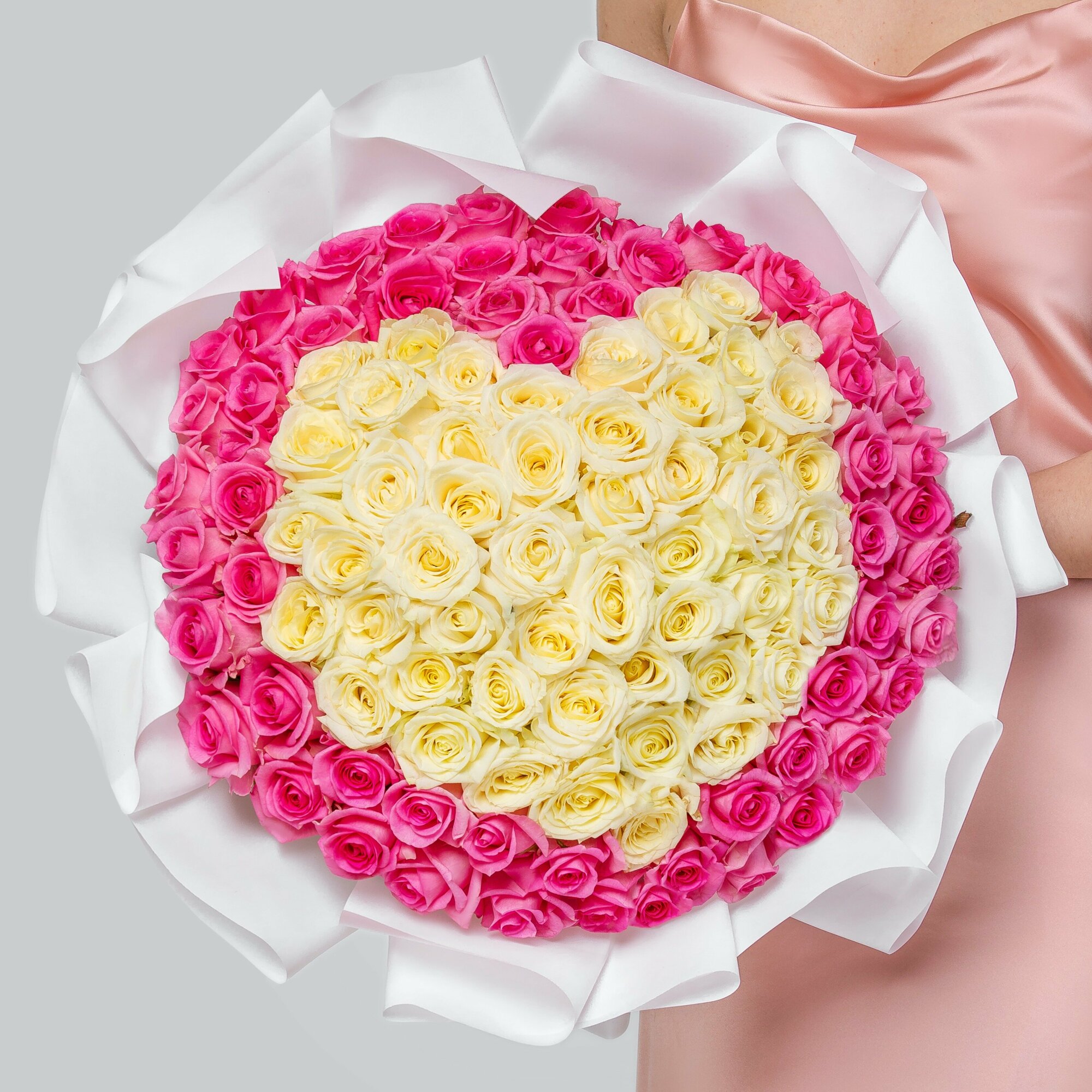 Букет Мегацвет24 "101 Роза", букет-сердце, белый/розовый, высота 40 см, дизайнерская упаковка