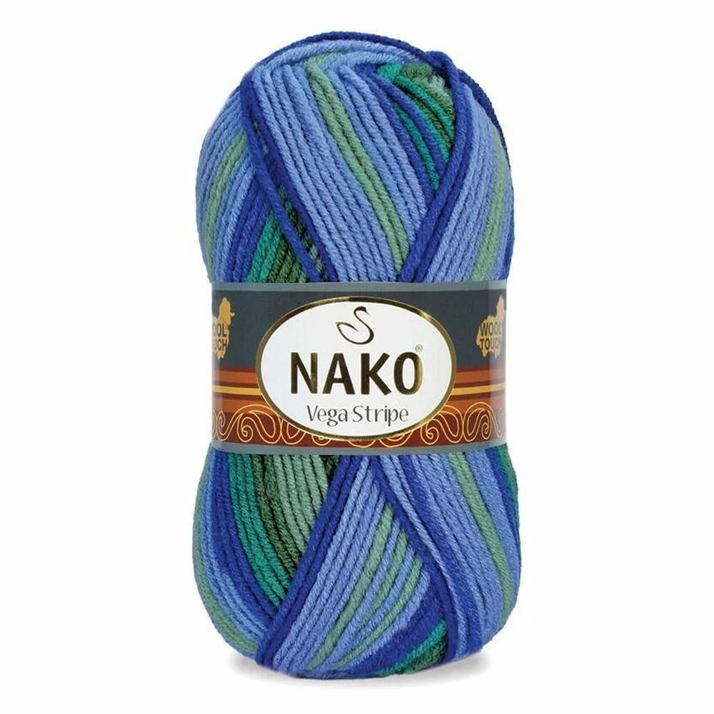 Пряжа Vega Stripe, Nako, мята/петроль/синий - 83600, 100% аркил, 5 мотков, 100 г, 195 м.