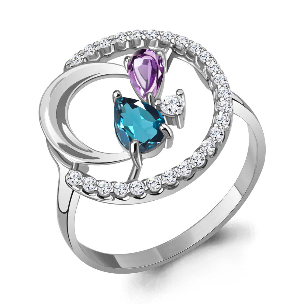 Кольцо, серебро, 925 проба, аметист, фианит, Лондон топаз