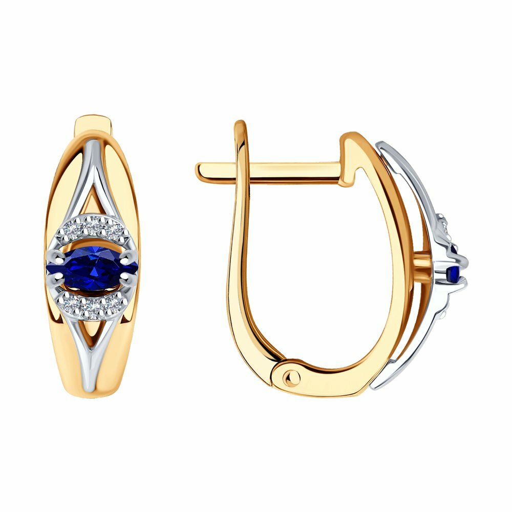 Серьги, комбинированное золото, 585 проба, бриллиант, сапфир