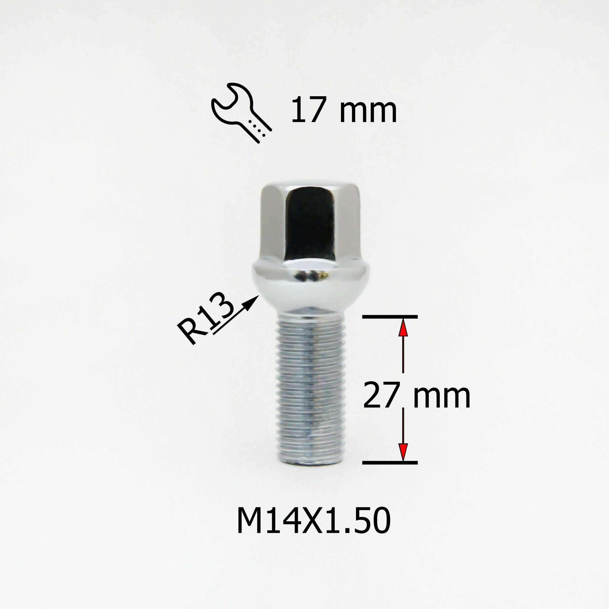 Болт колесный M14x1,5 длина резьбовой части 27мм, сфера, ключ 17мм, хром
