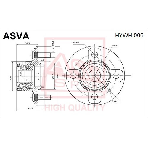 Ступица колеса задняя для автомобиля Hyundai, ASVA HYWH-006 (1 шт.)