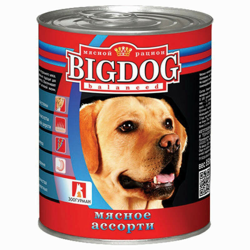 Зоогурман Big Dog влажный корм для взрослых собак средних и крупных пород, мясное ассорти - 850 г x 6 шт