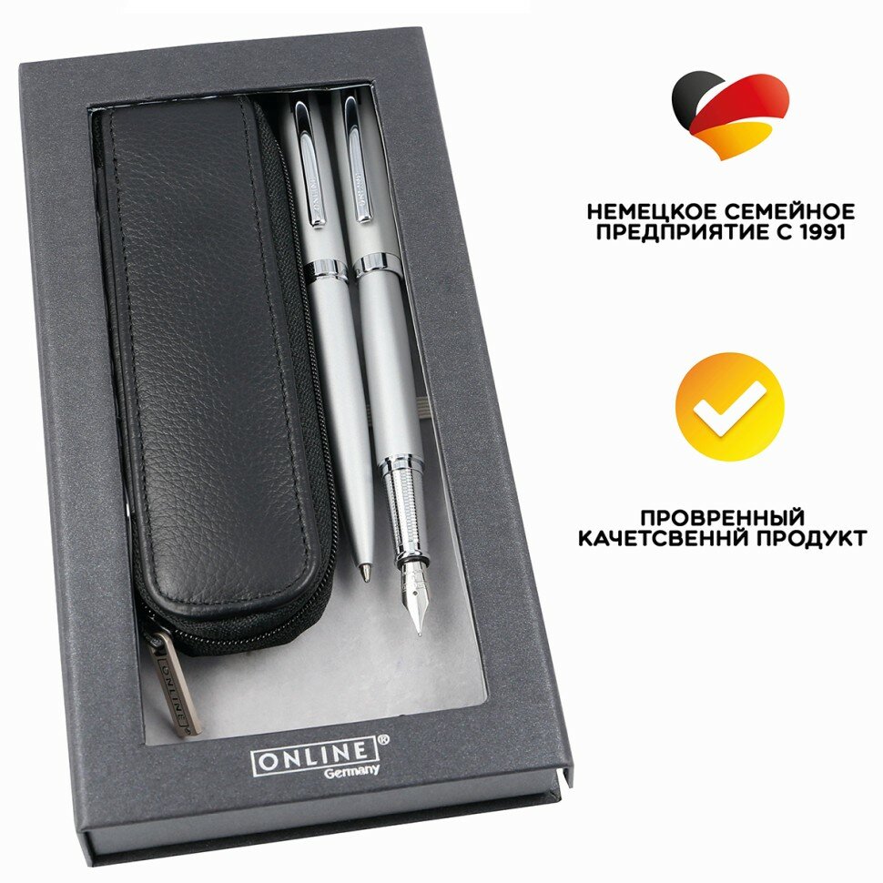 Online 80949 Набор ручек "Eleganza" в кожаном чехле, перьевая и шариковая, 139 x 16 x 12 мм